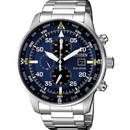 Citizen Chronograph Armbanduhr, Herrenuhr, Solar, Stoppfunktion, Edelstahlarmband silberfarben-dunkelblau Schöner Herrenchronograph