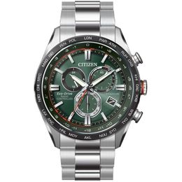 Citizen Funkchronograph Armbanduhr, Herrenuhr, Solar, Titan, Stoppfunktion titansilberfarben-grün Sportiver Funkchronograph für Herren