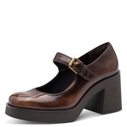 Spangenpumps Tamaris, Damen, Gr. 41, braun, Lacklederimitat, glänzend, used, Schuhe, Blockabsatz, Partyschuh, Pumps in veganer Verarbeitung
