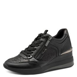 Keilsneaker Tamaris, Damen, Gr. 35, schwarz (schwarz kombiniert), Lacksynthetik, Lederimitat, Glitzer, kontrastfarbene Details, Schuhe, Freizeitschuh, Halbschuh, Schnürschuh mit Glitzerdetails