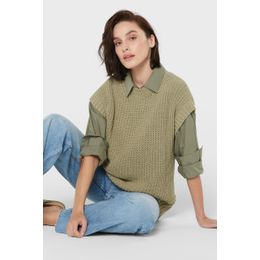 Pullunder SENSES.THE LABEL, Damen, Gr. XL/XXL, light sage, Material: 82% Baumwolle, 18% Leinen, Strukturmuster, regular fit normal, Rundhals, weit normaler Saum, Pullover, im Rippstrickmuster