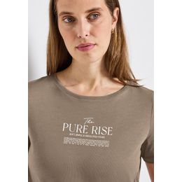 T-Shirt Street One, Damen, Gr. 38, braun (bark braun), Jersey, Obermaterial: 100% Baumwolle, bedruckt, regular fit normal, Rundhals, gerader Abschluss, Shirts T-Shirt, mit Wording Artwork