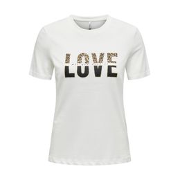Kurzarmshirt Only "ONLTANYA LIFE REG S/S LEO PRINT TOP JRS", Damen, Gr. S, cloud dancer print:love, Jersey, Obermaterial: 100% Baumwolle, bedruckt, regular fit, Rundhals, Shirts