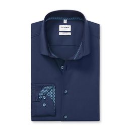Langarmhemd OLYMP "24/Seven - Level Five", Herren, Gr. 42, N-Gr, blau (marine), Web, Obermaterial: 64% Baumwolle, 27% Polyester, 9% Elasthan, normal, 2-Knopf-Manschette, Hemden, body fit, Businesshemd, Climate Control, Modern Kentkragen