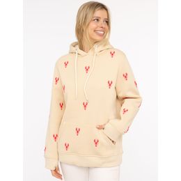 Kapuzensweatshirt Zwillingsherz, Damen, Gr. L/XL, beige (hellbeige), Sweatware, Obermaterial: 50% Baumwolle, 50% Polyester, unifarben mit Farbeinsätzen, bequem hüftbedeckend, ohne Ausschnitt, angesetztes Bündchen, Sweatshirts, Hummer-Stickerei, Kapuze, Kordelzug, Baumwollmix