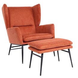Lounge-Sessel mit Ottomane MCW-L62, Ohrensessel Polstersessel Cocktailsessel Hocker, Stoff/Textil ~ terracotta-braun