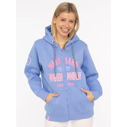 Sweatjacke Zwillingsherz ""Moin Moin"", Damen, Gr. L/XL, mittelblau, angeraute Sweatware, Obermaterial: 50% Baumwolle, 50% Polyester, hüftbedeckend, ohne Ausschnitt, angesetztes Bündchen, Sweatjacken, Kapuze, Langarm, Reißverschluss, modisch, maritim, Kordelzug