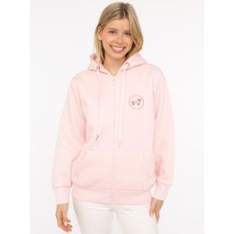 Sweatjacke Zwillingsherz ""Moin Moin"", Damen, Gr. L/XL, rosa, angeraute Sweatware, Obermaterial: 50% Baumwolle, 50% Polyester, hüftbedeckend, ohne Ausschnitt, angesetztes Bündchen, Sweatjacken, Kapuze, Langarm, Reißverschluss, modisch, maritim, Kordelzug