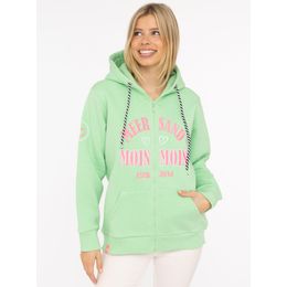 Sweatjacke Zwillingsherz ""Moin Moin"", Damen, Gr. L/XL, neongrün, angeraute Sweatware, Obermaterial: 50% Baumwolle, 50% Polyester, hüftbedeckend, ohne Ausschnitt, angesetztes Bündchen, Sweatjacken, Kapuze, Langarm, Reißverschluss, modisch, maritim, Kordelzug