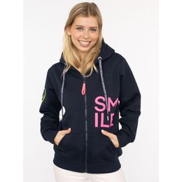 Kapuzensweatjacke Zwillingsherz ""Alissa"", Damen, Gr. S/M, marine, angeraute Sweatware, Obermaterial: 50% Baumwolle, 50% Polyester, Sweatjacken, mit SMILE, gesticktem Herz am Arm und Reißverschluss
