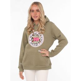 Hoodie Zwillingsherz, Damen, Gr. L/XL, grün (khaki), Sweatware, Obermaterial: 50% Baumwolle, 50% Polyester, bedruckt, normal hüftlang, hoch geschlossener Ausschnitt, Bündchen, Sweatshirts, Kapuze, Langarm, Kängurutasche, Leo-Details, modisch
