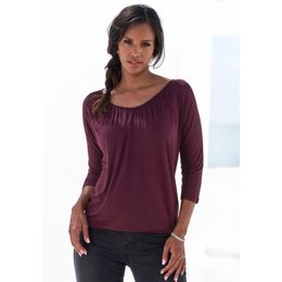 3/4-Arm-Shirt Lascana "mit zarter Raffung am Ausschnitt", Damen, Gr. 36/38, lila (aubergine), Jersey, Obermaterial: 95% Viskose (LENZING&trade; ECOVERO&trade;), 5% Elasthan, unifarben, Basic, figurumspielend normal, V-Ausschnitt, angeschnitten Umschlagsaum, Shirts 3/4-Arm-Shirt, aus weichem Viskose-Stretch