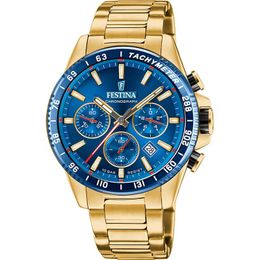 Festina Chronograph »Timeless Chronograph« Armbanduhr, Quarzuhr, Herrenuhr, Stoppfunktion, Edelstahlarmband goldfarben-blau Modischer...