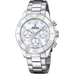 Festina Chronograph »Boyfriend Collection« Armbanduhr, Quarzuhr, Damenuhr, Stoppfunktion, Edelstahlarmband silberfarben-perlmuttfarben Klassischer...