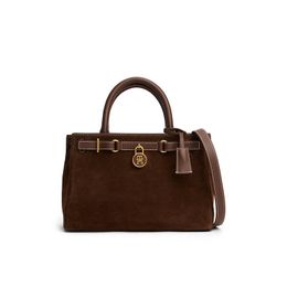 Tommy Hilfiger Tragetasche »AMERICAN ICON MINI TOTE SUEDE LE«, Damen Handtasche, Umhängetasche mit Zierschnallen und Zierschloß dunkelbraun