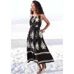 Lascana Midikleid aus gewebter Viskose mit Ethnodruck schwarz-sand bedruckt 42 - N-Gr N-Gr 42 Gummizug vorne am Ausschnitt