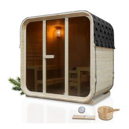 Artsauna&reg; Fasssauna Cube Big Fjora L f&uuml;r 6 Personen, mit 9kW Ofen, Glasfront & Zubeh&ouml;r