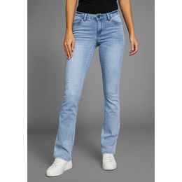 Bootcut-Jeans Arizona "Ultra-Stretch", Damen, Gr. 44, N-Gr, blau (bleached), Denim/Jeans, Obermaterial: 74% Baumwolle, 24% Polyester, 2% Elasthan, Basic, extraeng lang, Jeans, normale Passform, Baby-Bootcut, Used-Look-Waschung
