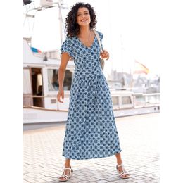 Jerseykleid Inspirationen "Jersey-Kleid", Damen, Gr. 38, Normalgr&ouml;&szlig;en, blau (jeansblau, ecru, bedruckt), Jersey, 95% Viskose, 5% Elasthan, bedruckt, gemustert, mehrfarbig, wadenlang, V-Ausschnitt, Kleider Jerseykleid