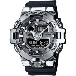 Casio G-SHOCK Chronograph Quarzuhr, Armbanduhr, Herrenuhr, bis 20bar wasserdicht, Resinarmband schwarz-silberfarben Markanter Herrenchronograph