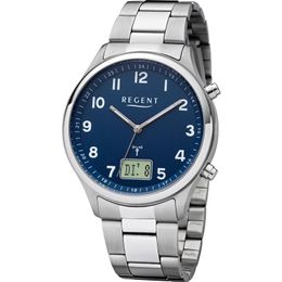 Regent Uhren REGENT Funkuhr Quarzuhr, Armbanduhr, Herrenuhr, Damenuhr, Datum, Edelstahlarmband edelstahlfarben-dunkelblau Stilvolle Funkuhr