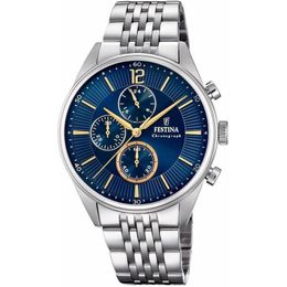 Festina Chronograph »Timeless Chronograph« Armbanduhr, Quarzuhr, Herrenuhr, Stoppfunktion, Edelstahlarmband silberfarben-blau Schicker Chronograph...