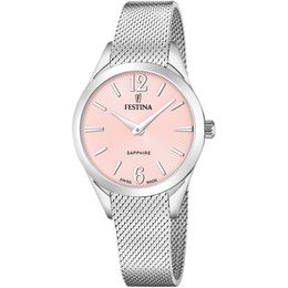 Festina Quarzuhr »Grace« Armbanduhr, Damenuhr, Swiss Made, Edelstahlarmband, Saphirglas silberfarben-rosa Bezaubernde Armbanduhr für Damen