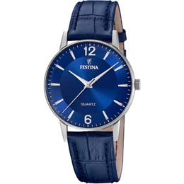 Festina Quarzuhr Armbanduhr, Herrenuhr, Lederarmband, analog blau-blau Klassische Herrenarmbanduhr