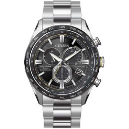 Citizen Funkchronograph Armbanduhr, Herrenuhr, Solar, Titan, Datum, Stoppfunktion titansilberfarben-schwarz Sportiver Funkchronograph für Herren
