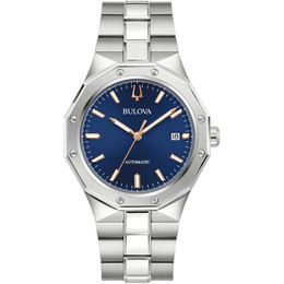Bulova Automatikuhr Armbanduhr, Herrenuhr, Mechanische Uhr, Edelstahlarmband, analog, Tag silberfarben-blau Exquisite Herrenautomatikuhr