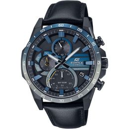 CASIO EDIFICE Solaruhr Quarzuhr, Armbanduhr, Herrenuhr, Neo-Display, Lederarmband schwarz Markanter Herrenchronograph
