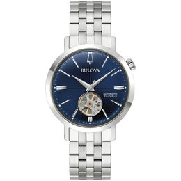 Bulova Automatikuhr Armbanduhr, Herrenuhr, Mechanische Uhr, Edelstahlarmband, analog silberfarben-blau Sch&ouml;ne Herrenautomatikuhr