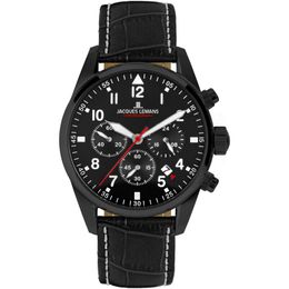 Jacques Lemans Chronograph »Barcelona« Quarzuhr, Armbanduhr, Herrenuhr, Lederarmband, Stoppfunktion, Datum schwarz Edler Herrenchronograph