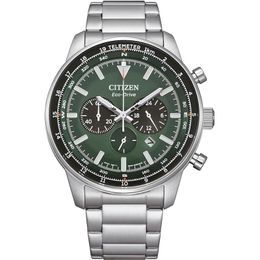 Citizen Chronograph Armbanduhr, Herrenuhr, Solar, Stoppfunktion, Edelstahlarmband silberfarben-grün Modischer Chronograph für Herren
