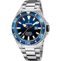 Festina Taucheruhr »Diver Collection« Armbanduhr, Quarzuhr, Herrenuhr, Edelstahlarmband, Datum, Saphirglas silberfarben-blau-schwarz Markante...
