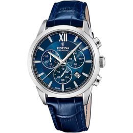 Festina Chronograph »Swiss Made Collection« Quarzuhr, Herrenuhr, Datum, Lederarmband, Saphirglas, Swiss Made blau Ansprechender Chronograph für Herren