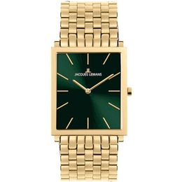 Jacques Lemans Quarzuhr &raquo;Nizza&laquo; Armbanduhr, Damenuhr, Edelstahlarmband goldfarben-gr&uuml;n Schn&ouml;rkellose Damenarmbanduhr