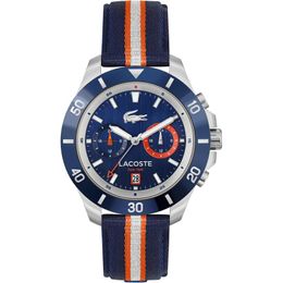 Lacoste Multifunktionsuhr »TORONGA« Quarzuhr, Armbanduhr, Herren, Datum, Dualzeit, Textilarmband blau, weiß, orange Schicke Herrenmultifunktionsuhr
