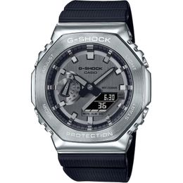 Casio G-SHOCK Chronograph Quarzuhr, Armbanduhr, Herrenuhr, digital, bis 20 bar wasserd.Resinarmband schwarz-silberfarben Eleganter Herrenchronograph