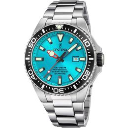 Festina Taucheruhr »Diver Collection« Armbanduhr, Quarzuhr, Herrenuhr, Edelstahlarmband, bis 20 bar wasserd. silberfarben-hellblau Moderne...
