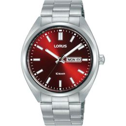 Lorus Quarzuhr Armbanduhr, Damenuhr, Herrenuhr, Datum, bis10bar wasserd., Edelstahlarmband silberfarben-rot Ansprechende Armbanduhr für Sie & Ihn