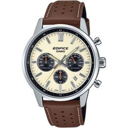 CASIO EDIFICE Chronograph Quarzuhr, Armbanduhr, Herrenuhr, Lederarmband, analog, Tag braun-creme Klassischer Herrenchronograph
