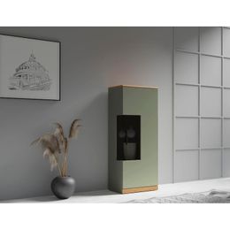 Home Affaire Vitrine »Ribe, 125cm hoch, 4 Fächer, 1Glasboden variabel einsetzbar« Oberplatte Eiche massiv, dunkles Glas, schwarze Metall Griffe...
