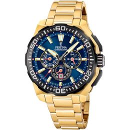 Festina Chronograph &raquo;Chrono Bike 2025&laquo; Quarzuhr, Armbanduhr, Herrenuhr, Edelstahlarmband, analog, Tag goldfarben-dunkelblau Exquisiter...