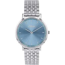 s.Oliver Quarzuhr Armbanduhr, Damenuhr, Edelstahlarmband, analog, Zirkonia (synth.) silberfarben-hellblau Elegante Damenarmbanduhr
