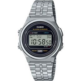 CASIO VINTAGE Chronograph Quarzuhr, Armbanduhr, Damenuhr, Herrenuhr, Digitaluhr, Edelstahlarmband silberfarben-schwarz Ansprechender Chronograph...