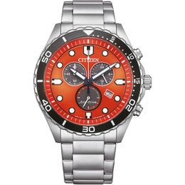 Citizen Chronograph Armbanduhr, Herrenuhr, Solar, Stoppfunktion, Edelstahlarmband silberfarben-orange Ausdrucksstarker Chronograph für Herren