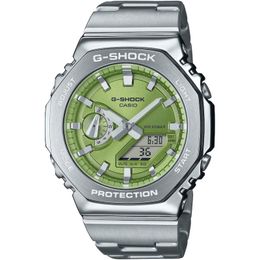 Casio G-SHOCK Chronograph Quarzuhr Armbanduhr, Herren, digital, bis 20bar wasserd., Edelstahlarmband silberfarben-lindgr&uuml;n Modischer Herrenchronograph