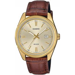 CASIO TIMELESS COLLECTION Quarzuhr Armbanduhr, Herrenuhr, Damenuhr, Lederarmband, Tag, Neo-Display braun-champagnerfarben Attraktive Armbanduhr