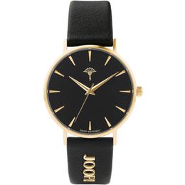 JOOP! Quarzuhr Armbanduhr, Damenuhr, analog, Lederarmband schwarz-goldfarben Beeindruckende Armbanduhr für Damen